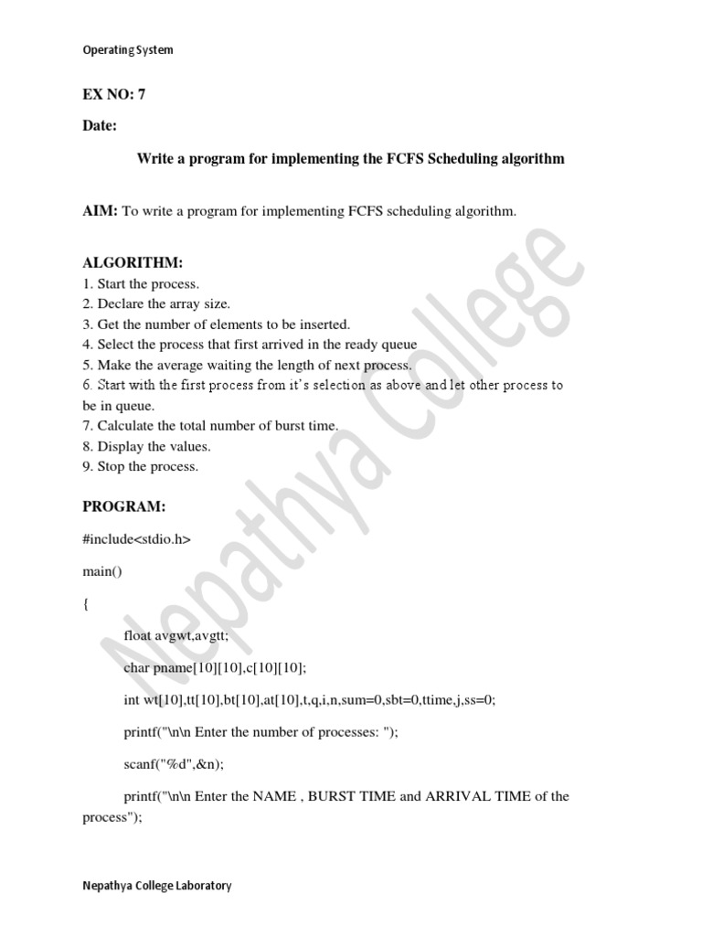 Ex No 7 Date Write A Program For Implementing The Fcfs Scheduling Algorithm Pdf Scheduling 5552