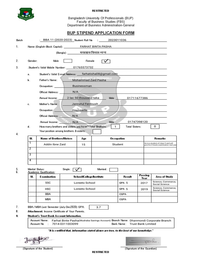 BUP Stipend Application Form | PDF