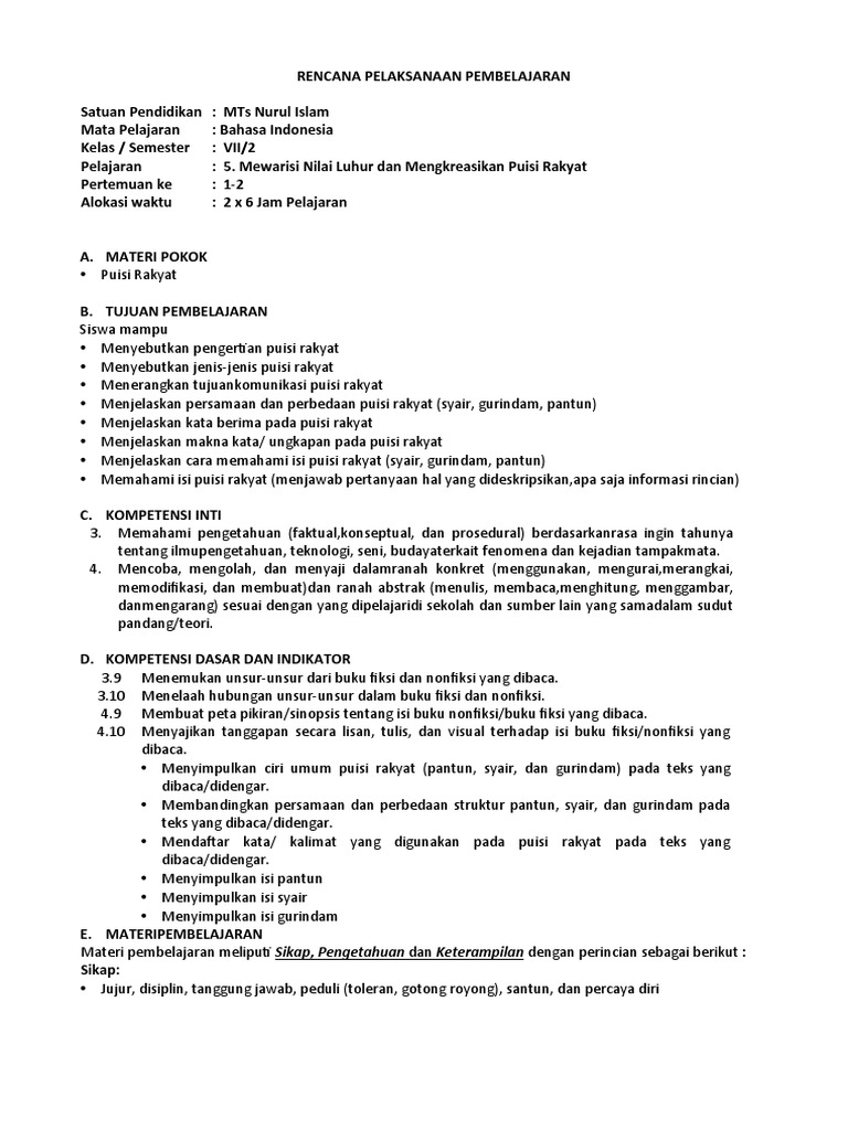 RPP Bahasa Indonesia Kelas 7/2 Bab 5 | PDF