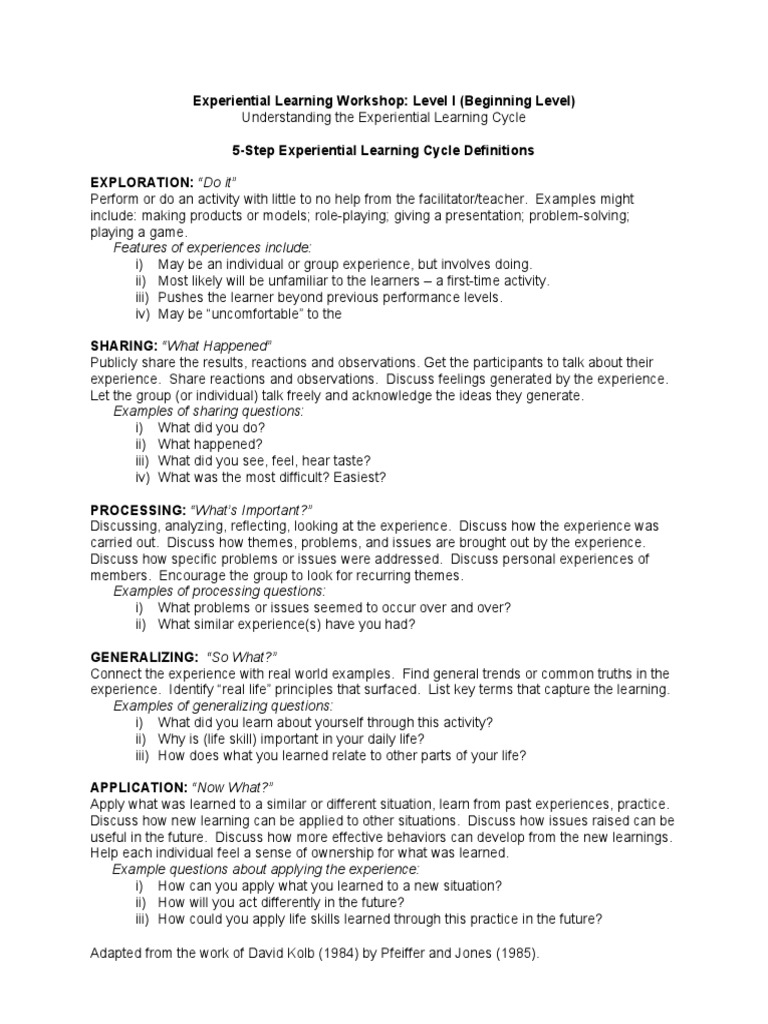 5 Step Experiential Learning Cycle Definitions - Handout | PDF ...