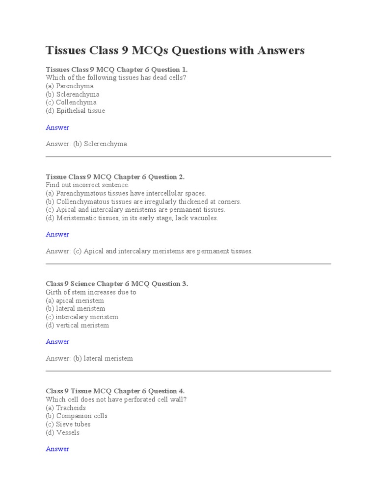 Tissues Class 9 Mcqs ions With Answers PDF Tissue Biology