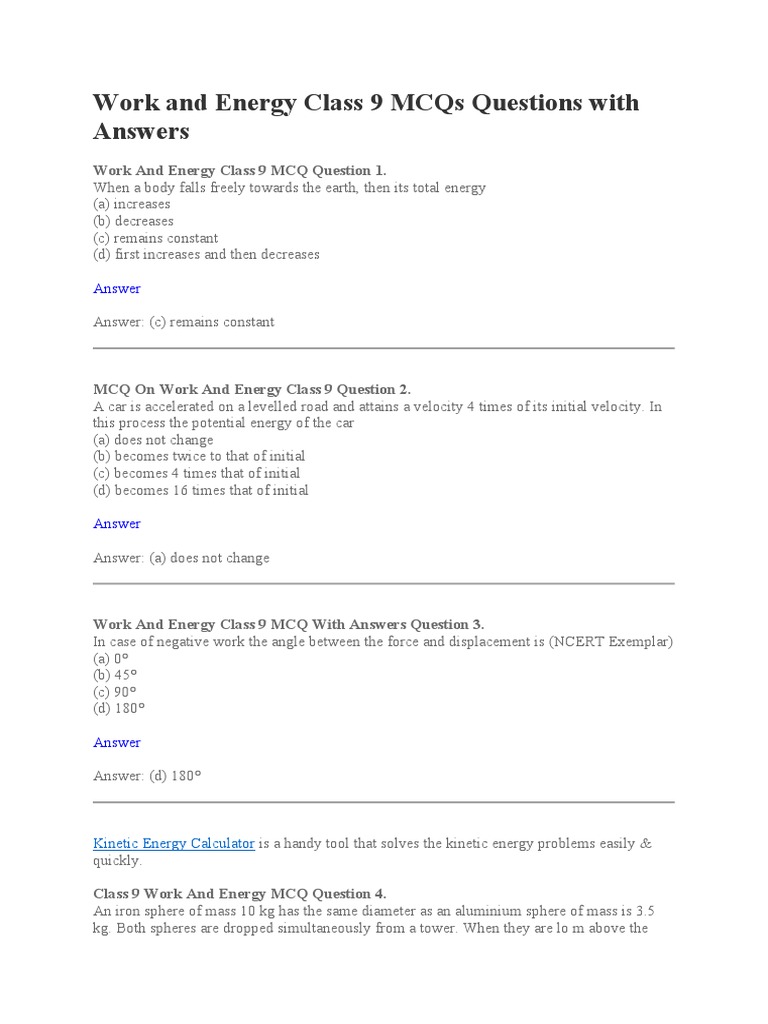 Work and Energy Class 9 Mcqs Questions With Answers | PDF | Potential ...