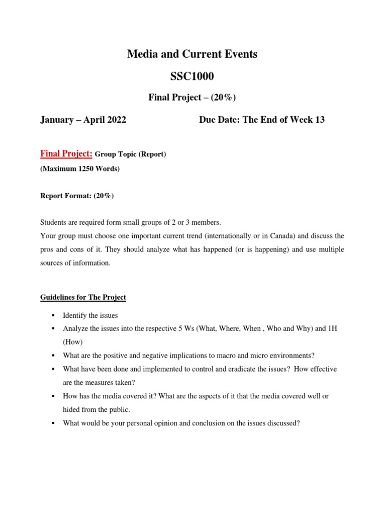 Media and Current Events SSC1000: Final Project - (20%) January - April ...
