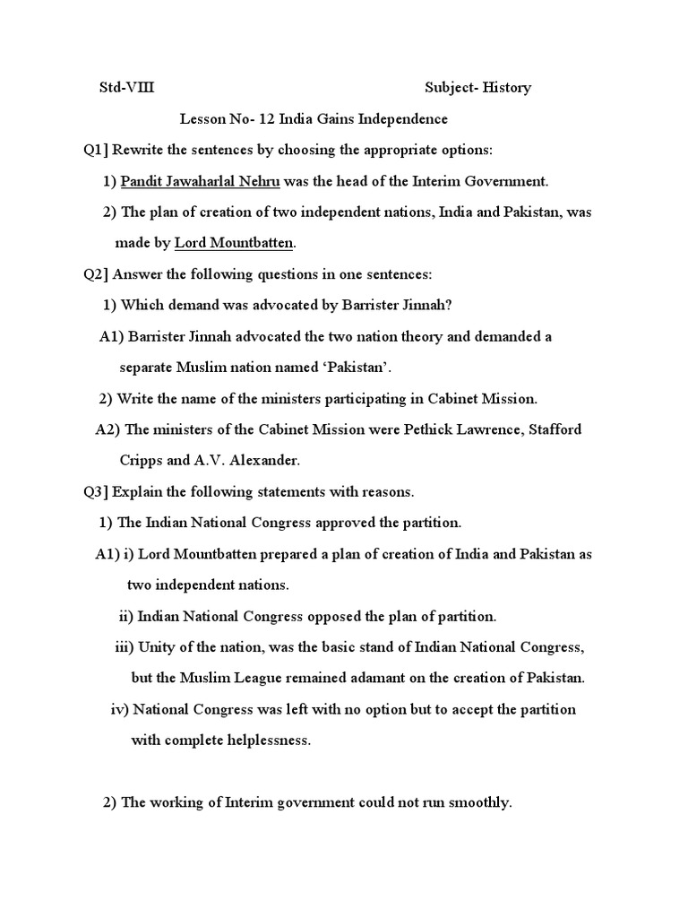 STD 8 History Lesson No 12 - India Gains Independence | PDF | Partition ...
