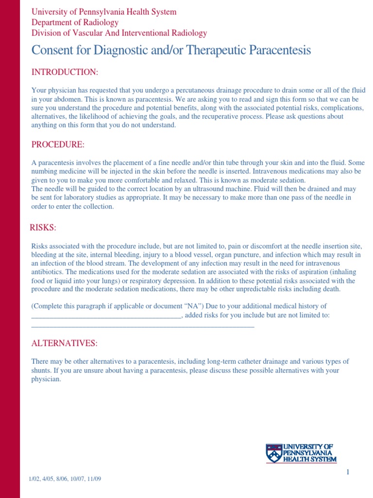 Consent For Diagnostic And/or Therapeutic Paracentesis | PDF ...
