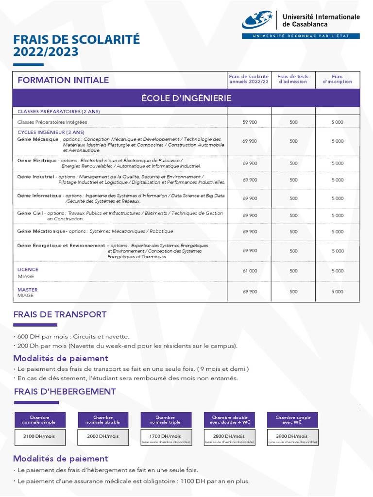 Fiche Tarifs 2022-23 - UIC Casablanca - Ecole D'ingenierie | PDF