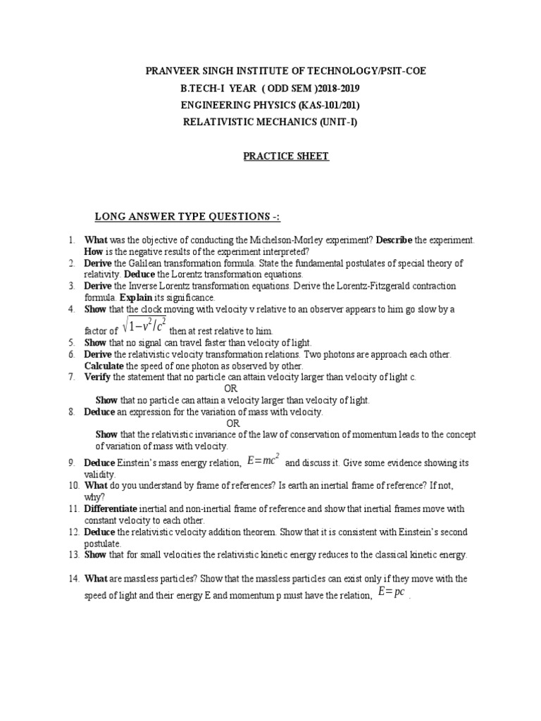 Long Answer Type Questions | PDF | Special Relativity | Electronvolt