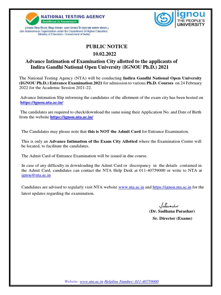 Public Notice Ignou Ph.D.-2021 Advance City Intimation | PDF | Business