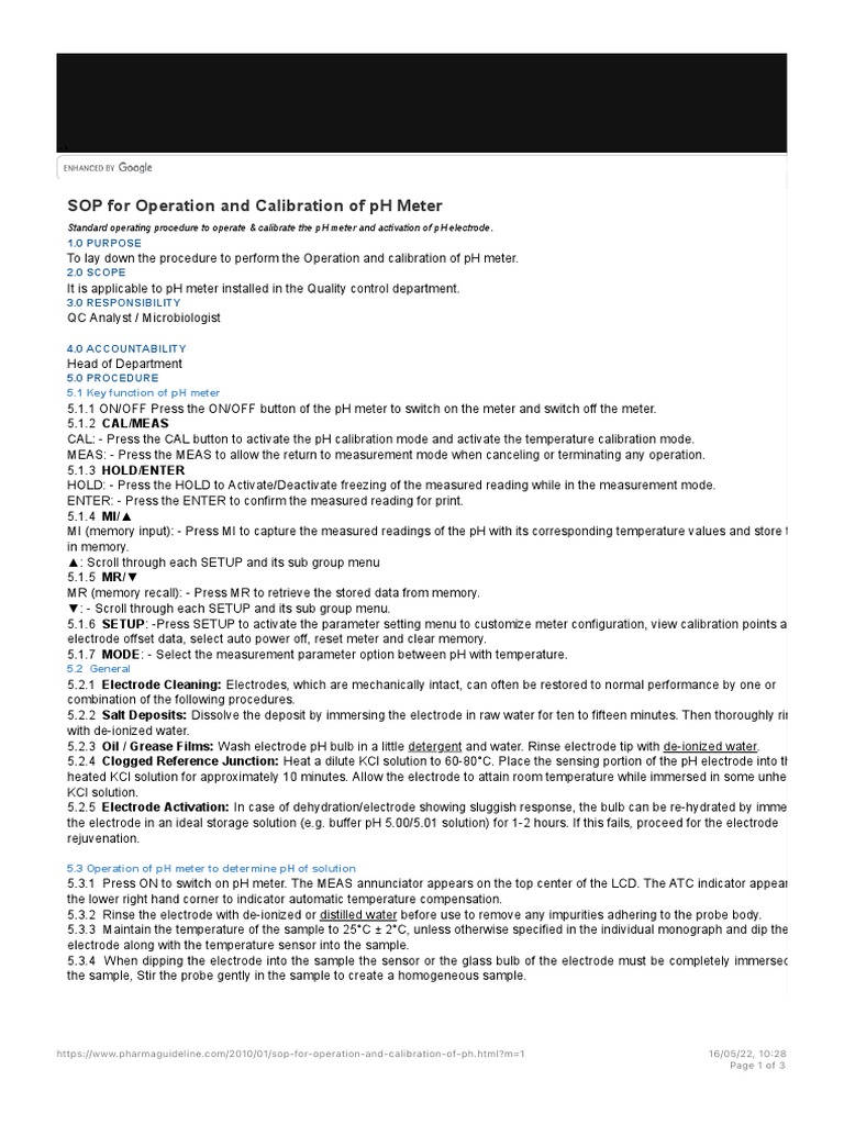 SOP For Operation and Calibration of PH Meter - Pharmaceutical ...