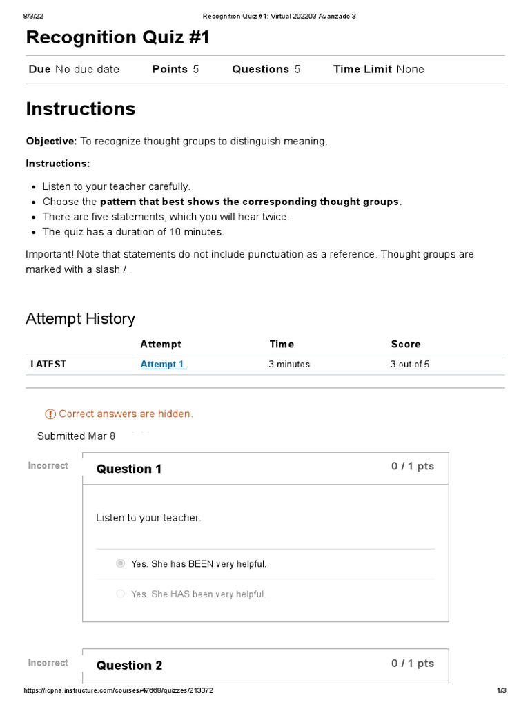 Recognition Quiz #1 Avanzado 3 | PDF