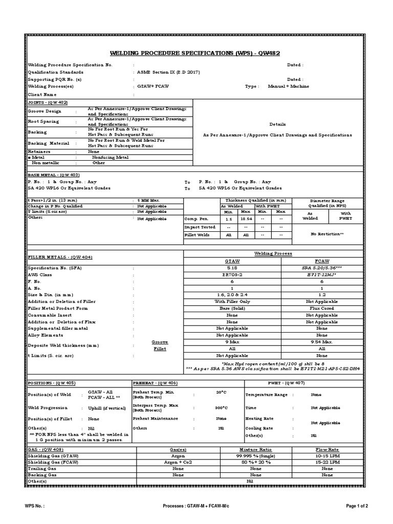 WPS P1 Group Any To P1 Group Any GTAW FCAW Manual Machine | PDF ...