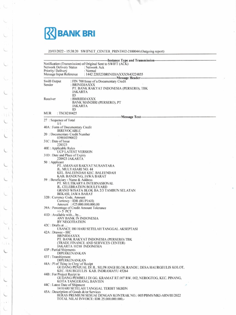 SKBDN039010190022 (Swift MT700) | PDF | Pengelolaan Keuangan & Uang
