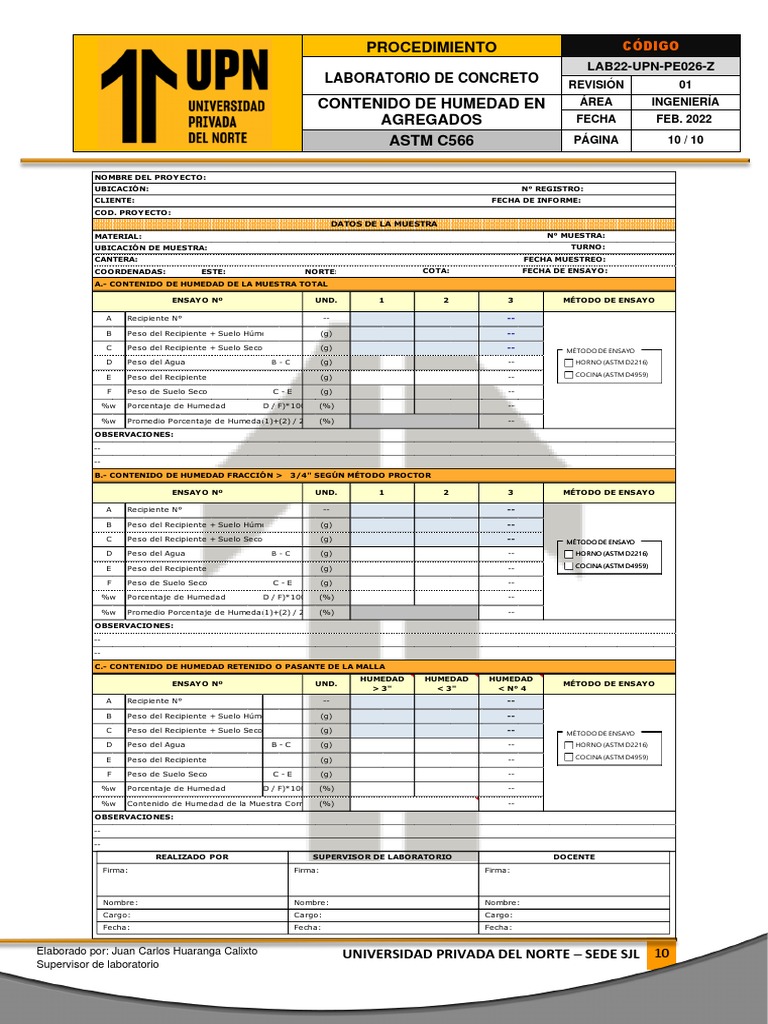26.1 Formato Contenido de Humedad en Agregados ASTM C566 | PDF