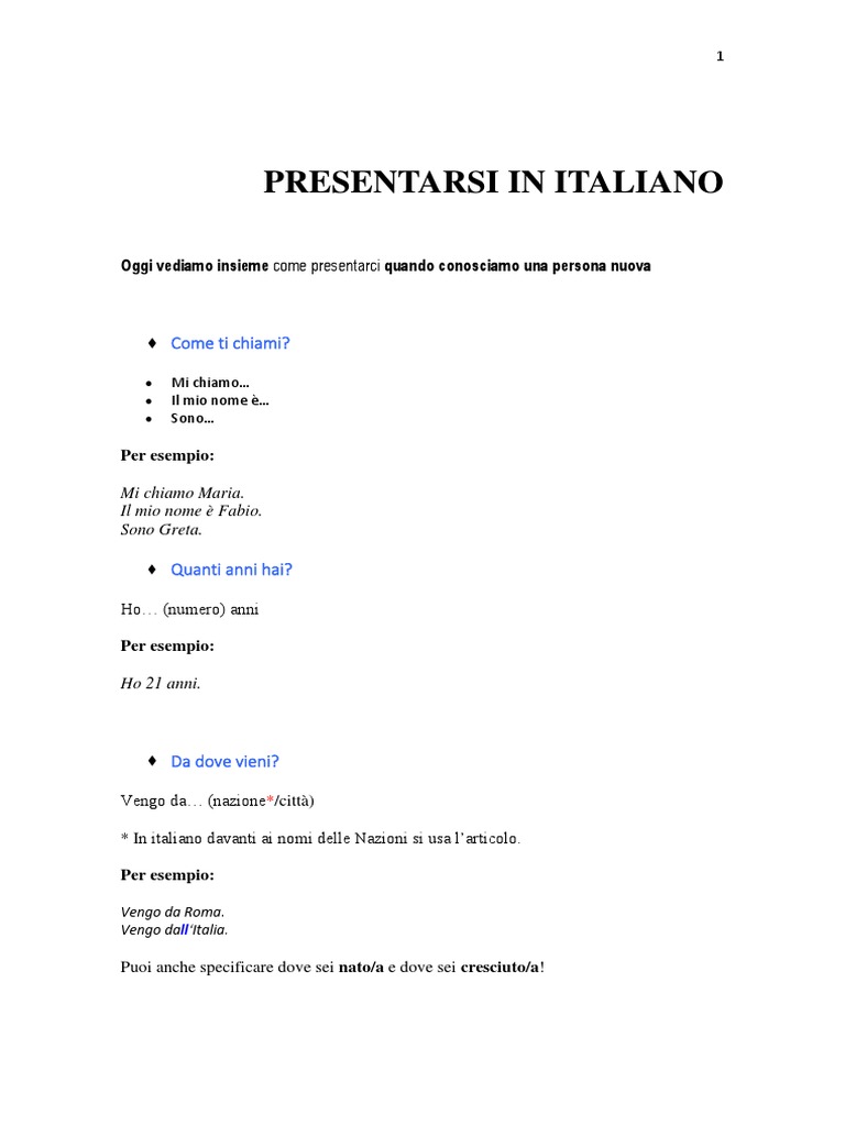 Vocabulario - Presentarsi in Italiano | PDF