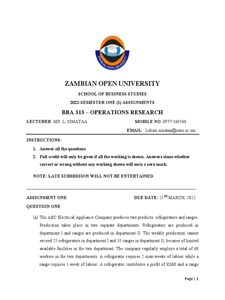 Zambian Open University: Bba 313 - Operations Research | PDF | Linear ...