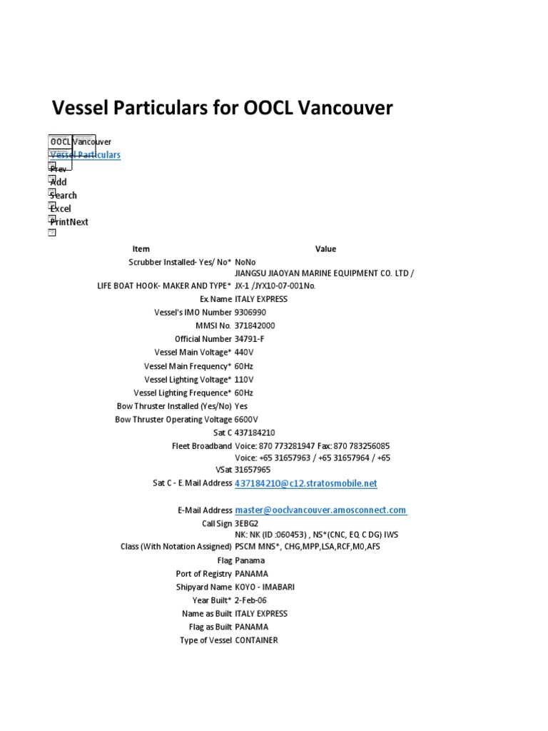 Vessel Particulars For OOCL Vancouver | PDF | Shipping | Ships