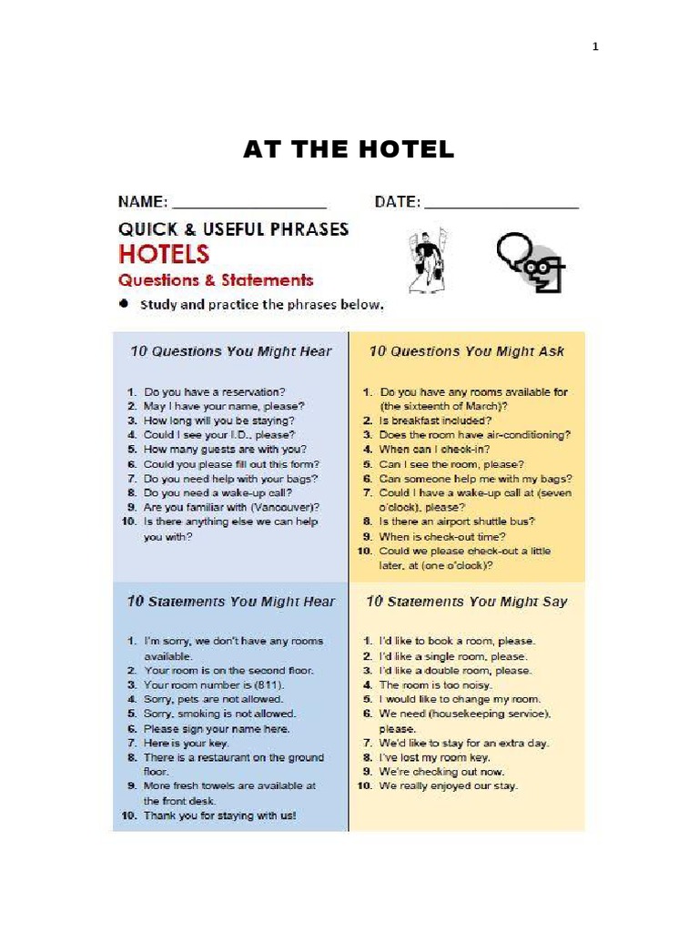 Vocabulary - at The Hotel | PDF