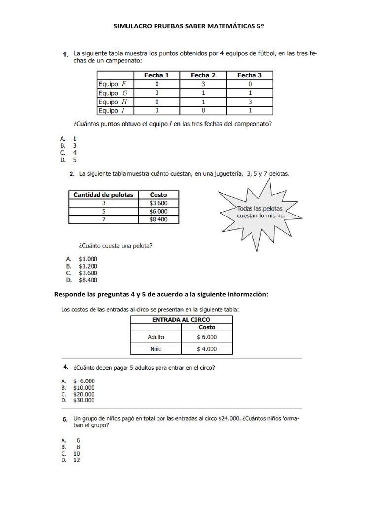 Simulacro Pruebas Saber Matemáticas 5º | PDF