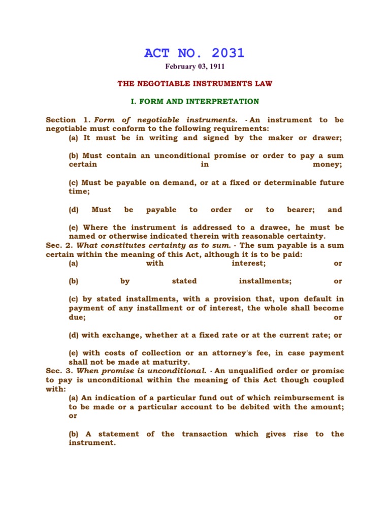 The Negotiable Instruments Law: I. Form and Interpretation | PDF ...