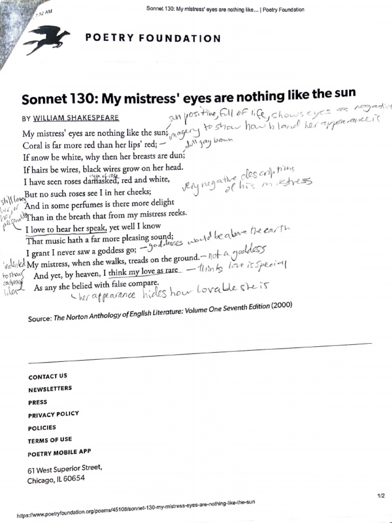 Sonnet 130 Annotations | PDF | Poems | Poetic Form