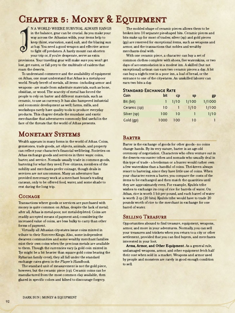D&D Dark Sun 5th Edition - 5 - Money and Equipment | PDF | Coins | Armour