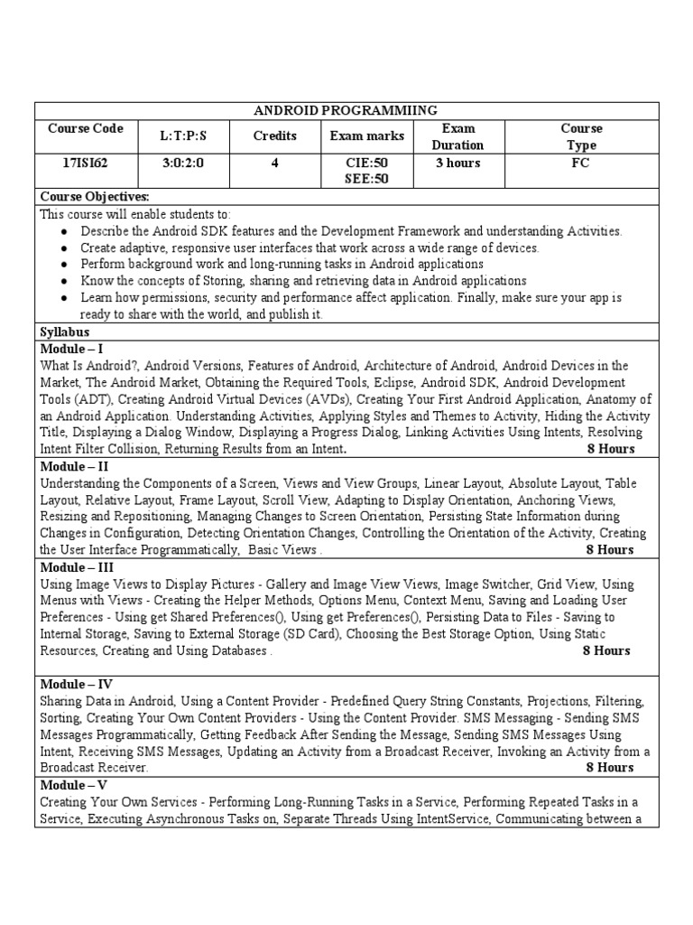 Android Programmiing Course Code L T P S Credits Exam Marks Exam