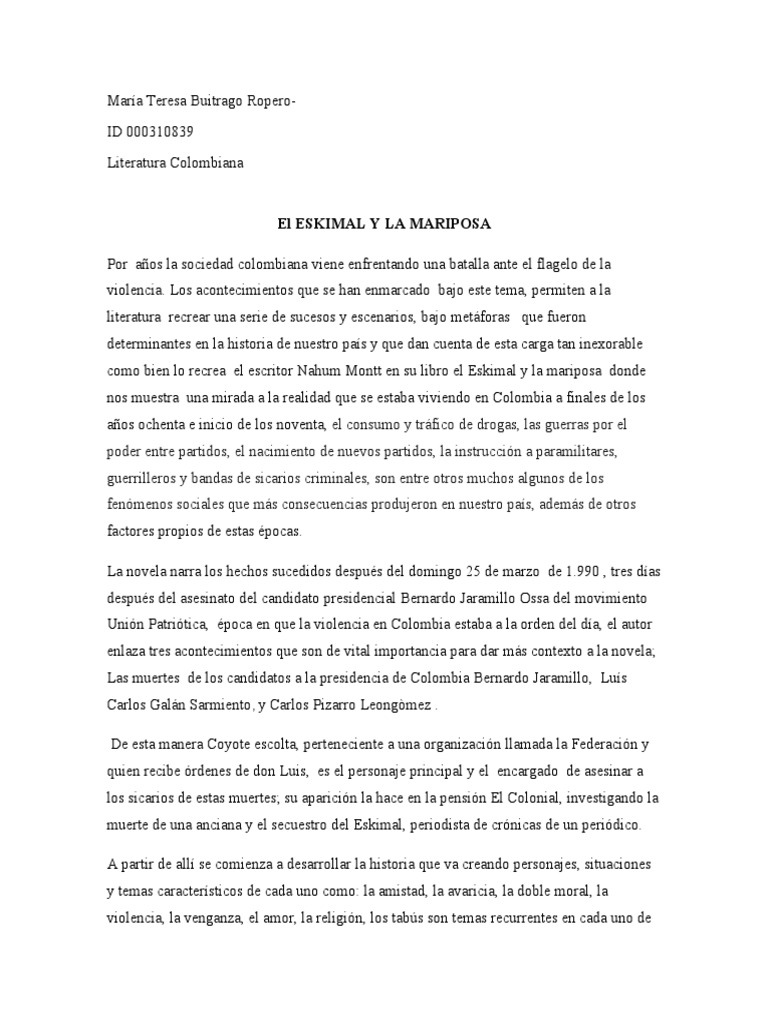 Ensayo El Eskimal y La Mariposa | PDF | Colombia