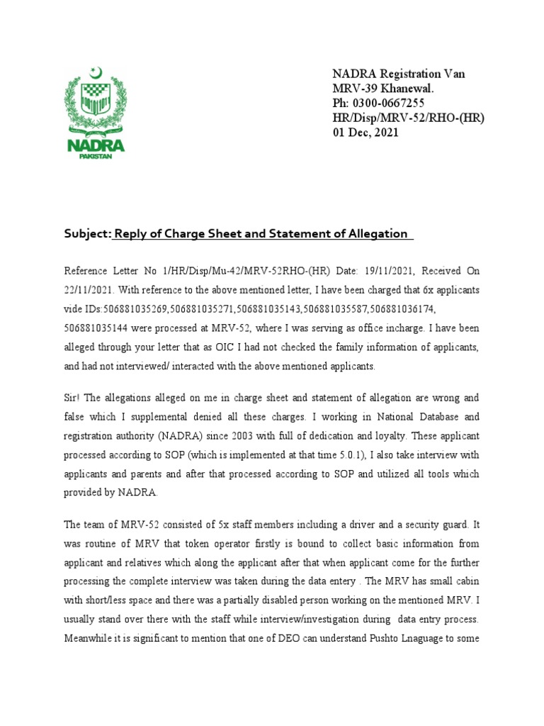 Subject: Reply of Charge Sheet and Statement of Allegation | PDF ...