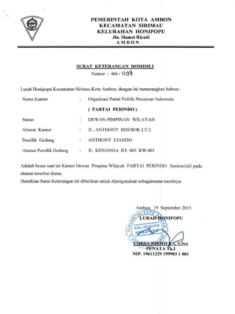 Surat Keterangan Domisili Partai Perindo | PDF