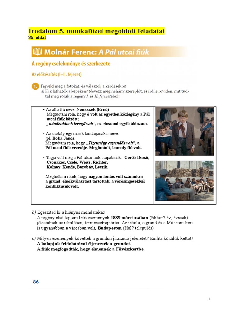 Megoldókulcs - Irodalom 5. MF - A Pál Utcai Fiúk - 20220507 | PDF
