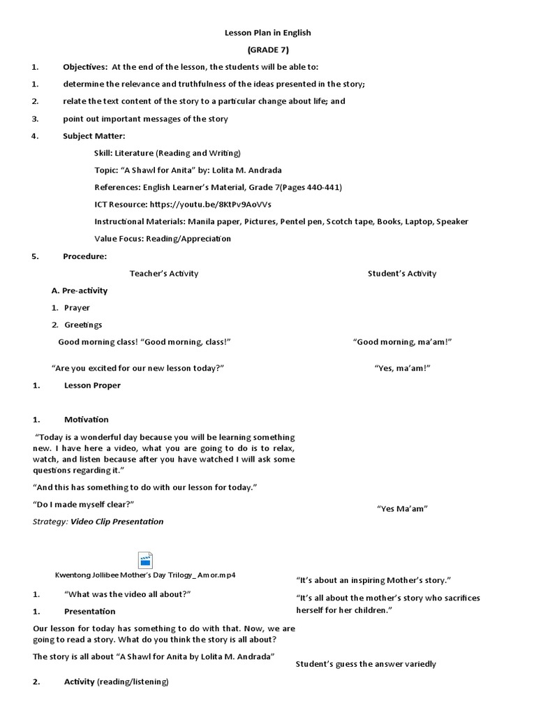 Lesson on "A Shawl for Anita" | PDF | Lesson Plan | Cognition