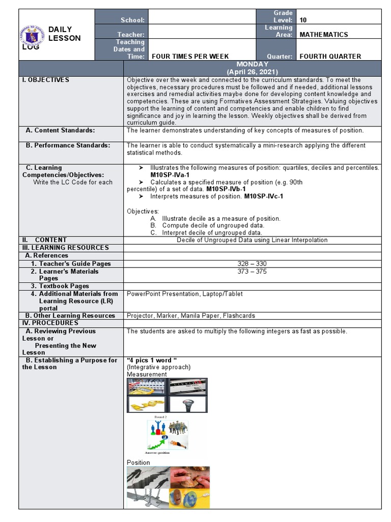 Lesson Plan (Deciles For Ungrouped Data) | PDF | Percentile | Learning