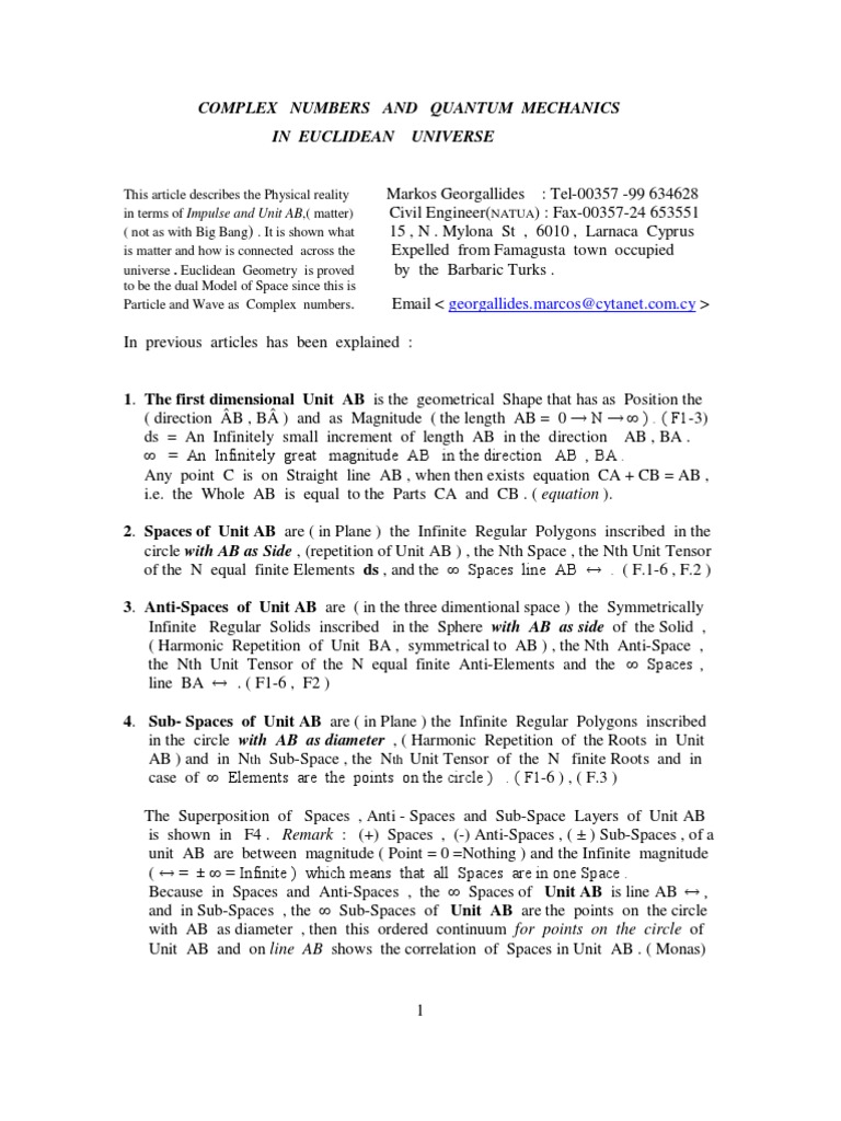Complex Numbers Quantum Mechanics in Euclidean Spaces | PDF | Infinity ...