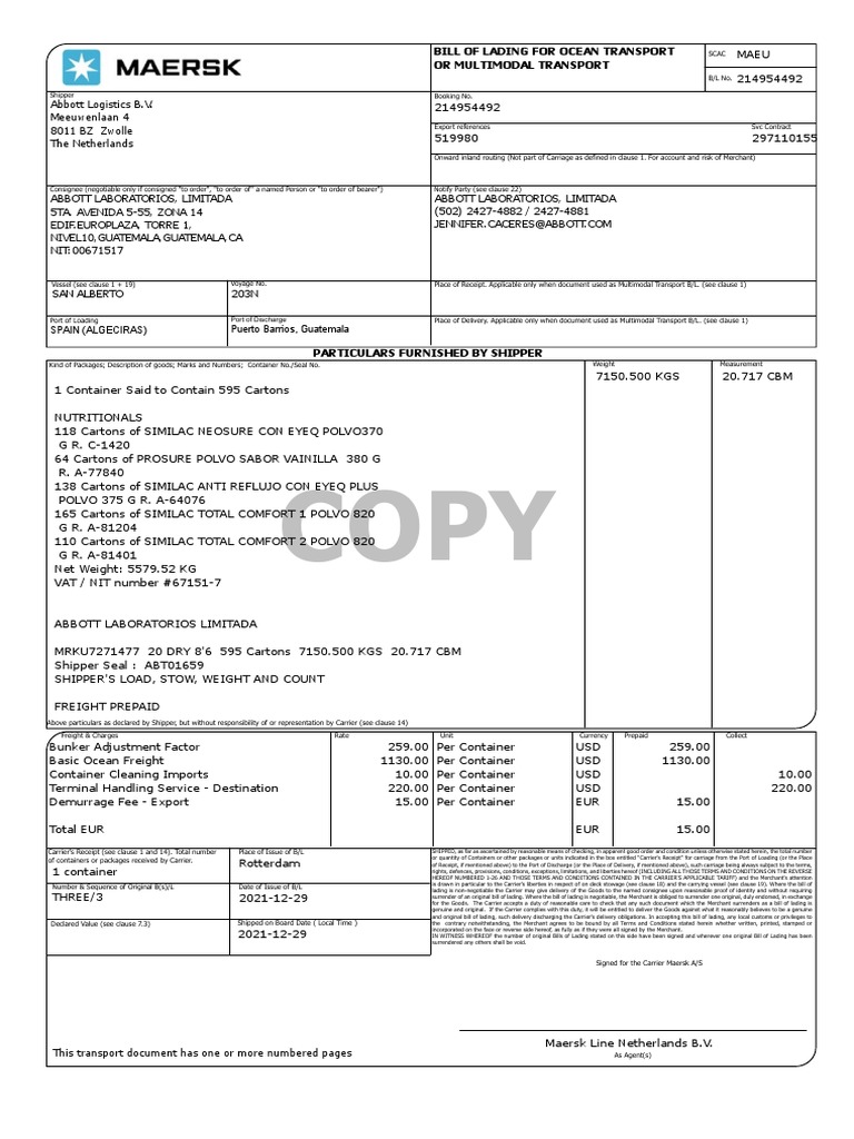 Bill of Lading For Ocean Transport or Multimodal Transport | PDF | Bill ...