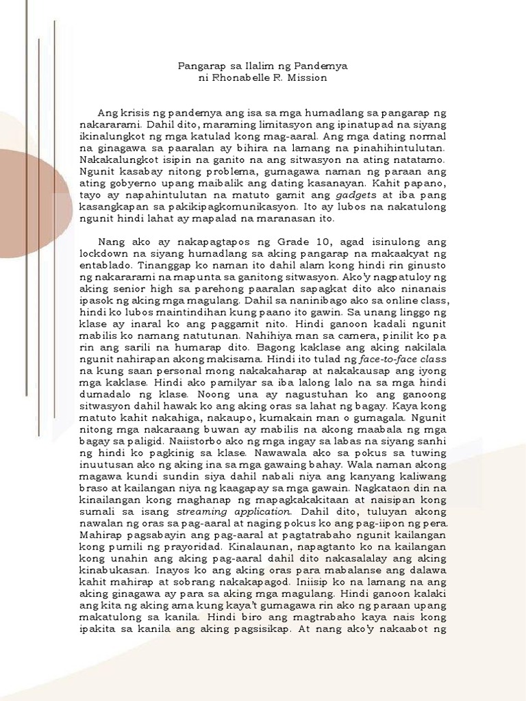 Pangarap Sa Ilalim NG Pandemya | PDF