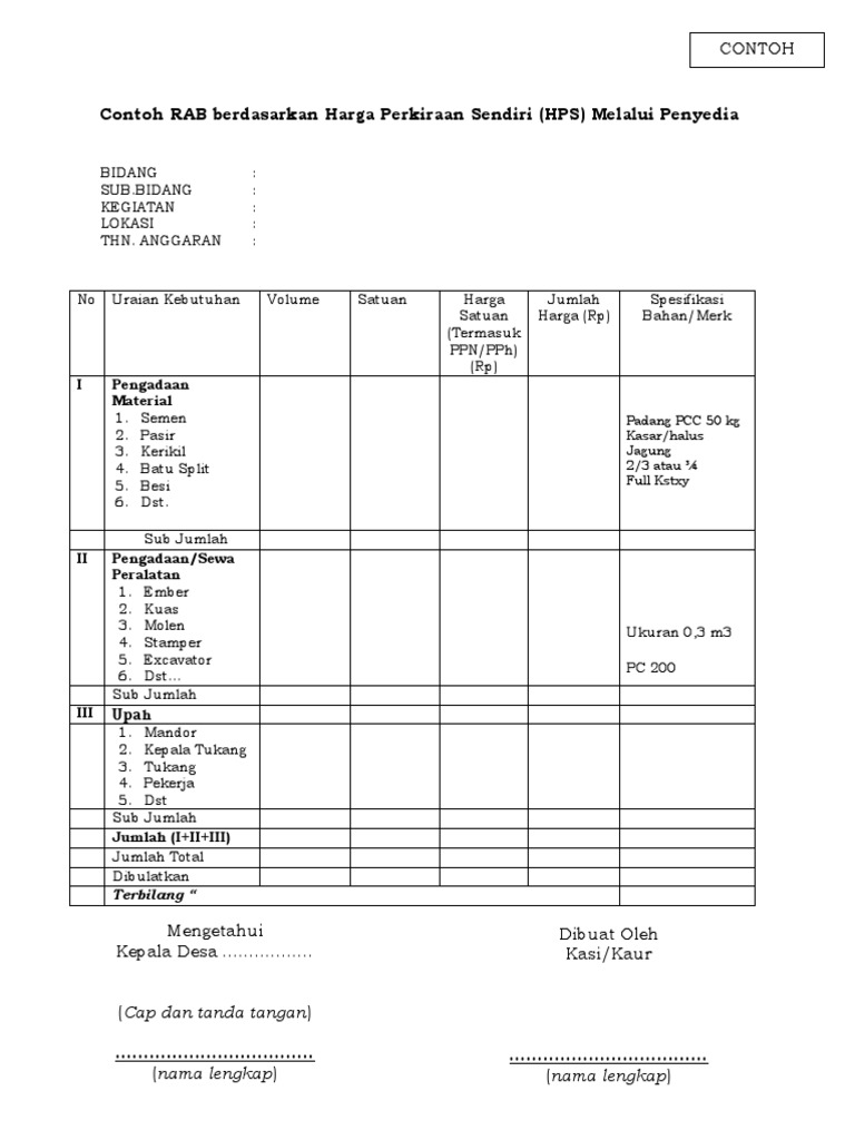 Contoh RAB dan HPS Pengadaan Barang | PDF