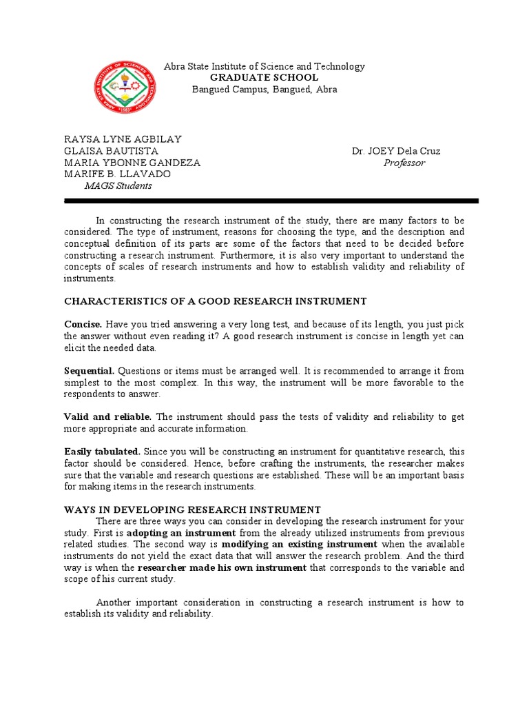 Abra State Research Instrument Guide | PDF | Validity (Statistics ...