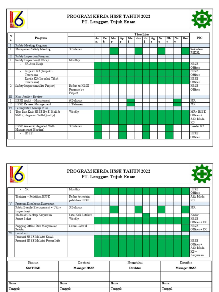 Program Kerja Hsse Tahun 2022 PT. Langgam Tujuh Enam | PDF