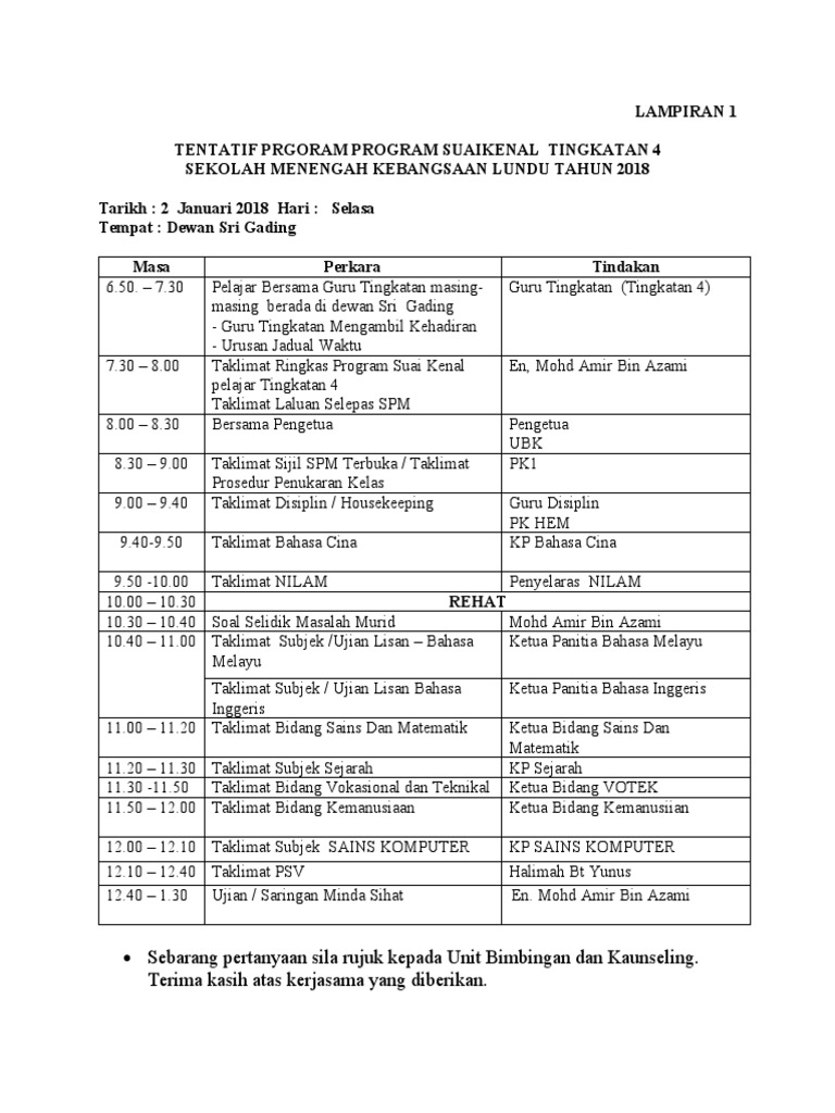Jadual Orientasi Form 4 2018 | PDF