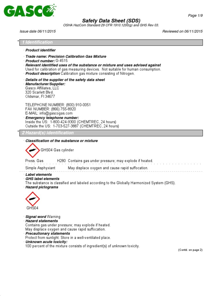 N2 - Nitrogen - Data Sheet | PDF | Dangerous Goods | Occupational ...