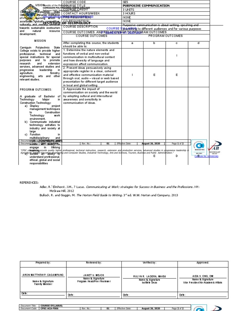 Purposive Communication Course Syllabus | PDF | Communication | Cross ...