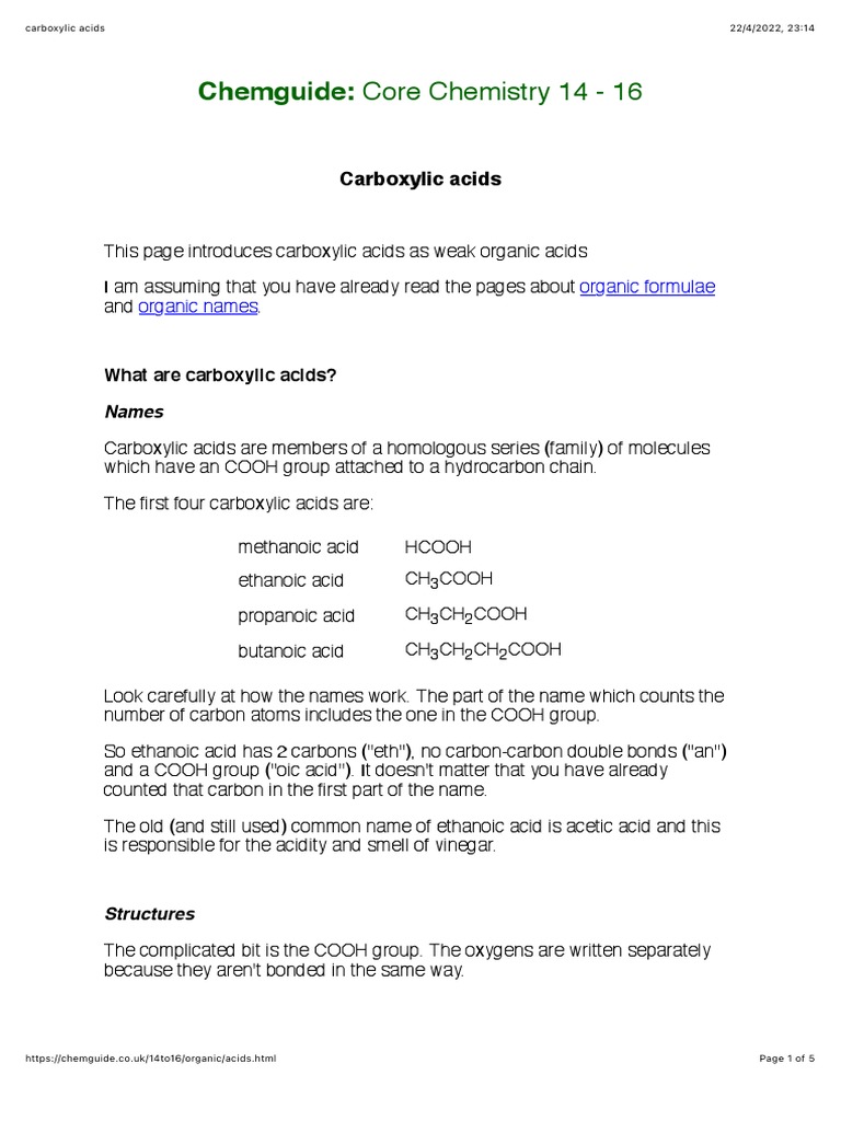 Chemguide: Core Chemistry 14 - 16: Carboxylic Acids | PDF | Acid | Acetate