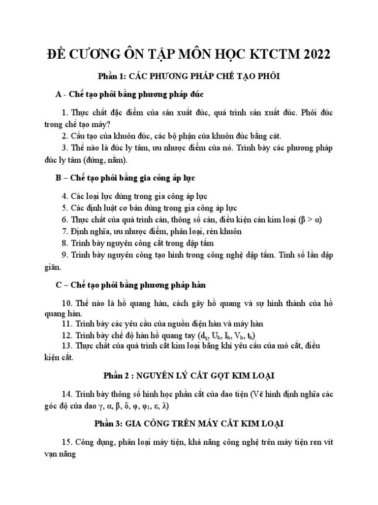 Đề Cương Ôn Tập Môn Học Ktctm 2022 - k60 | PDF