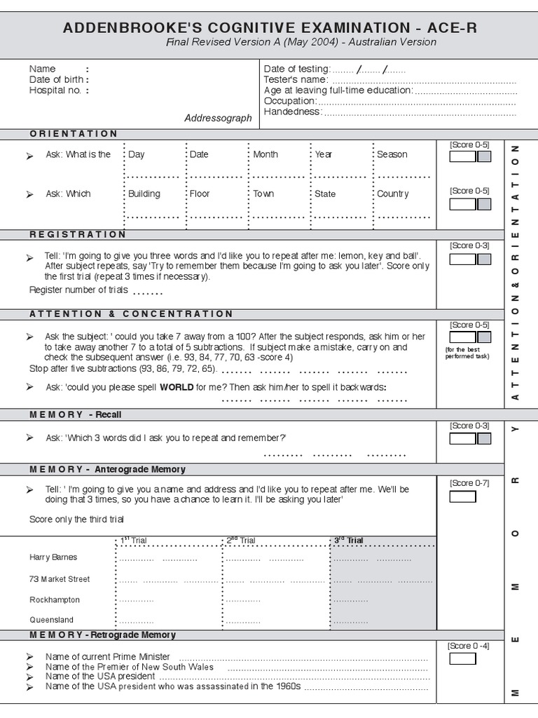 Addenbrooke's Cognitive Examination ACE-R | PDF | Psychology | Cognition