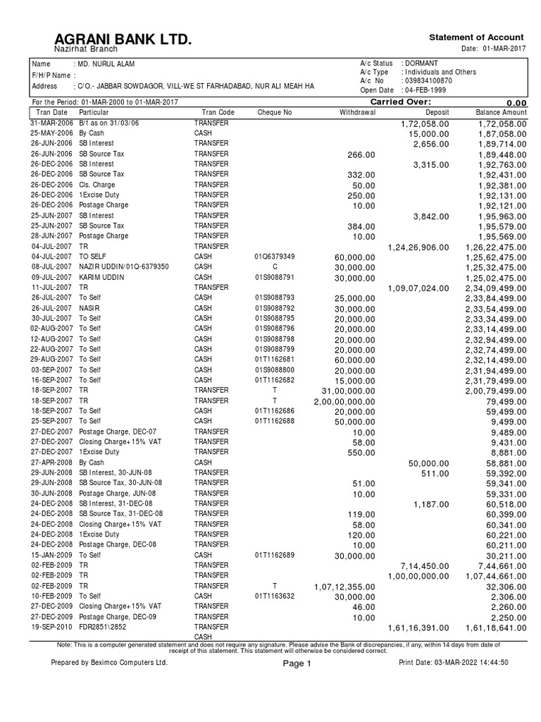 Agrani Bank LTD.: Statement of Account | PDF | Value Added Tax | Cheque