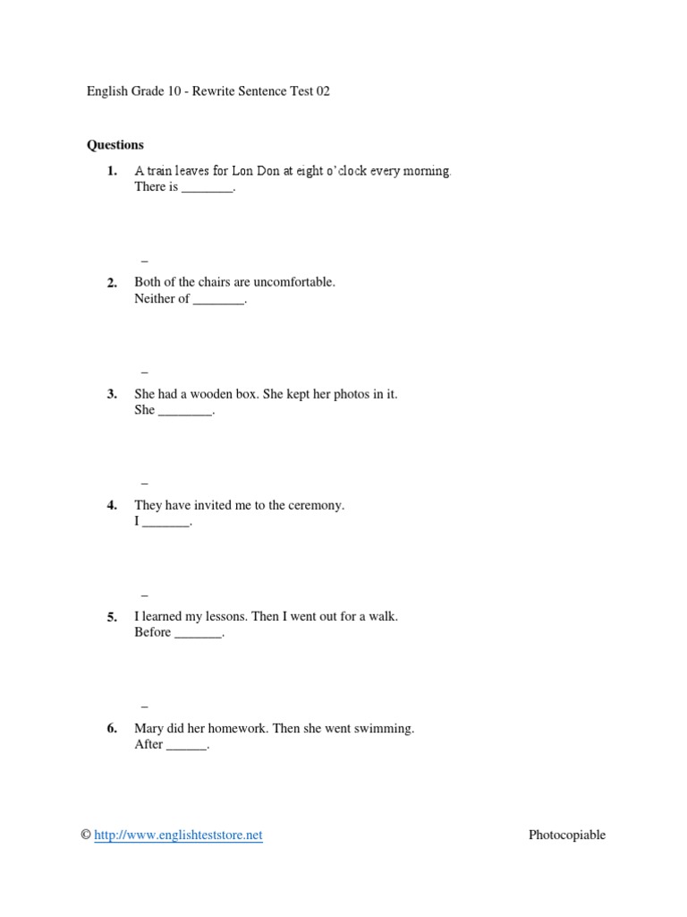 English Grade 10 - Rewrite Sentence Test 02 | PDF