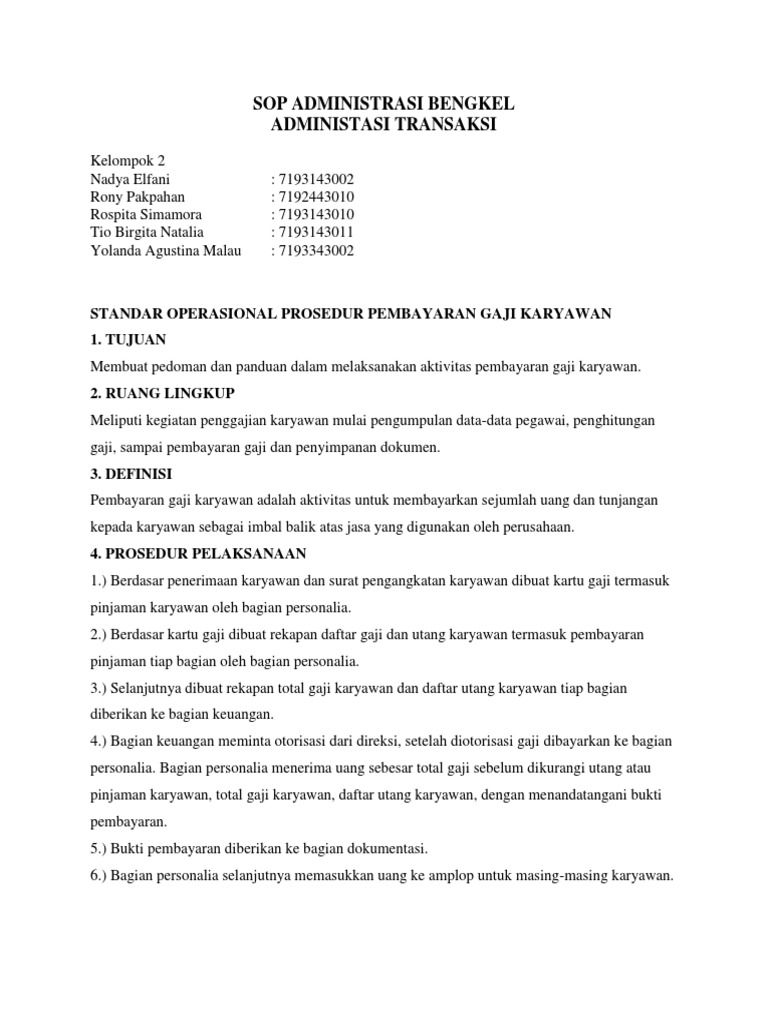 SOP ADMINISTRASI BENGKEL Kel 2 | PDF