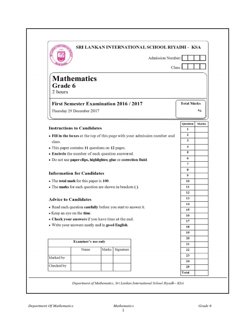 Grade 6 Mathematics Exam with 10 Questions Covering Operations ...