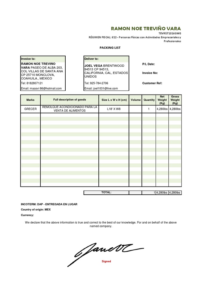 Ejemplo de Packing List | PDF