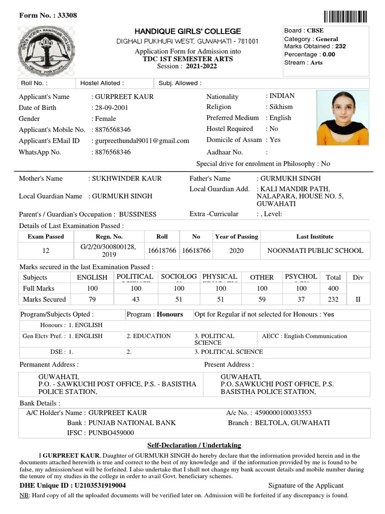 Handique Girls' College: TDC 1St Semester Arts | PDF